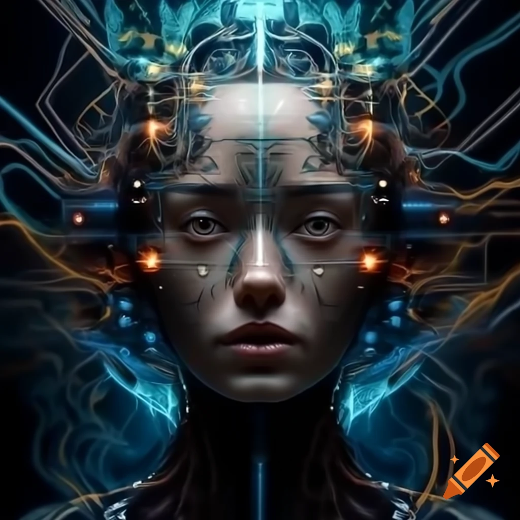 Abstract humanoid figure representing artificial intelligence with circuits and glowing lines on ...