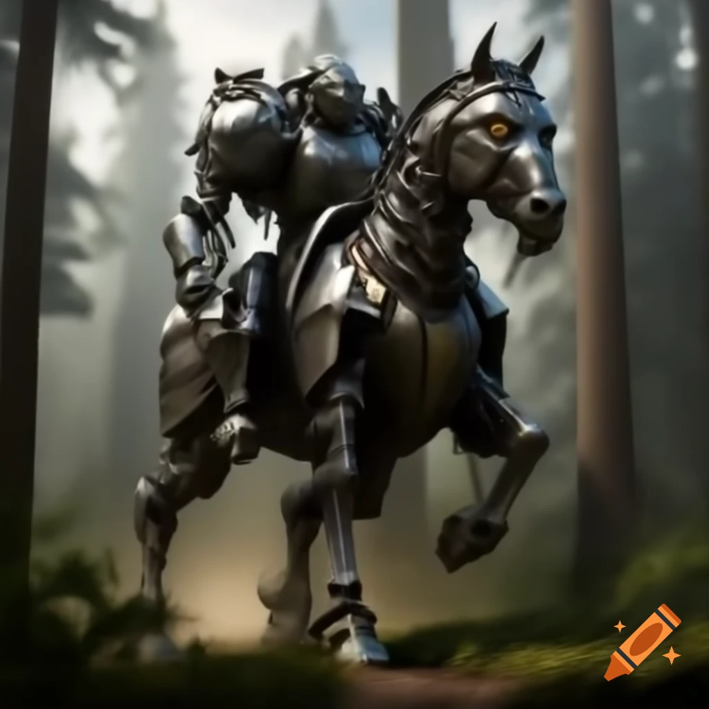 Black armored robot knight riding horse in forest on Craiyon