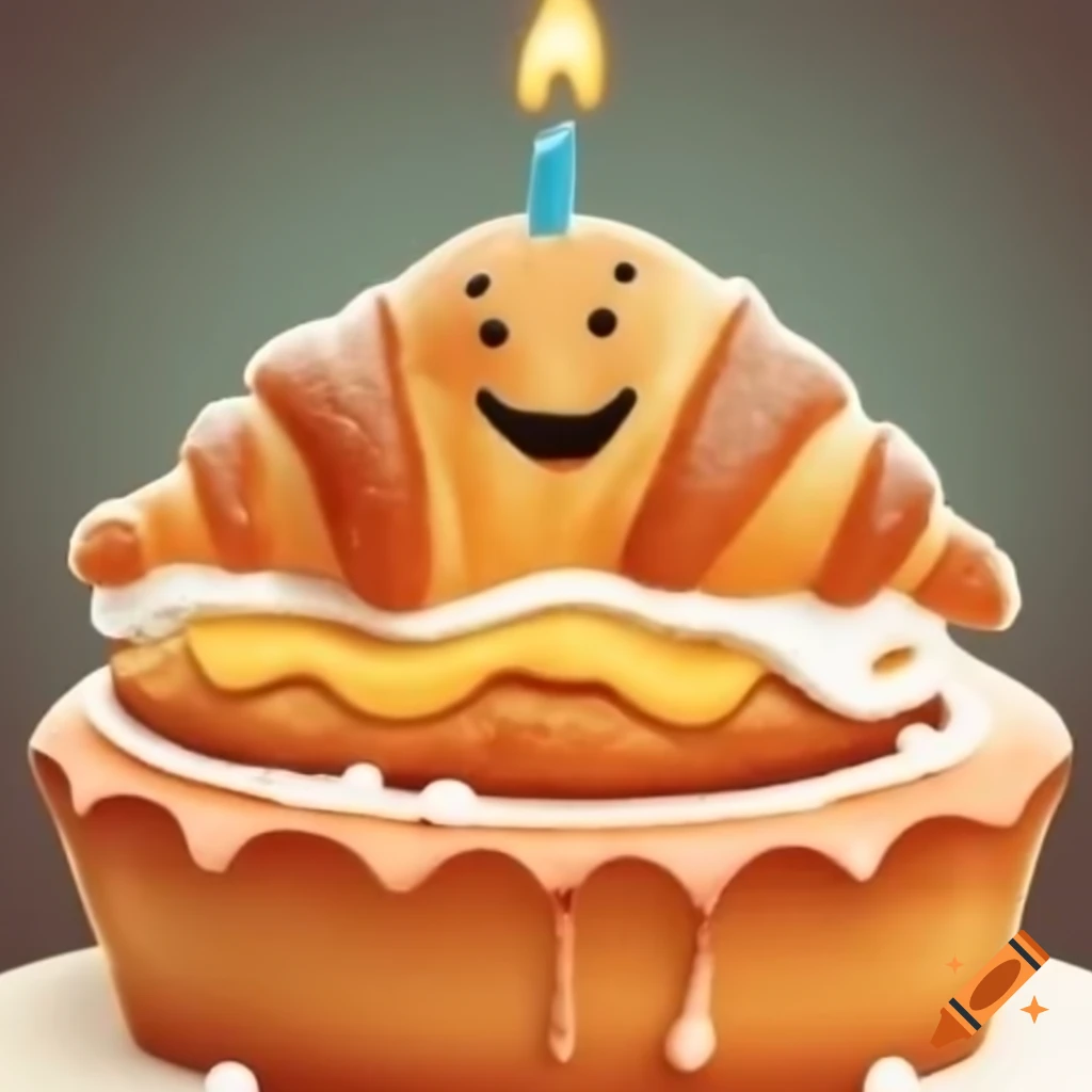 Birthday cake decorated with a smiling croissant on Craiyon