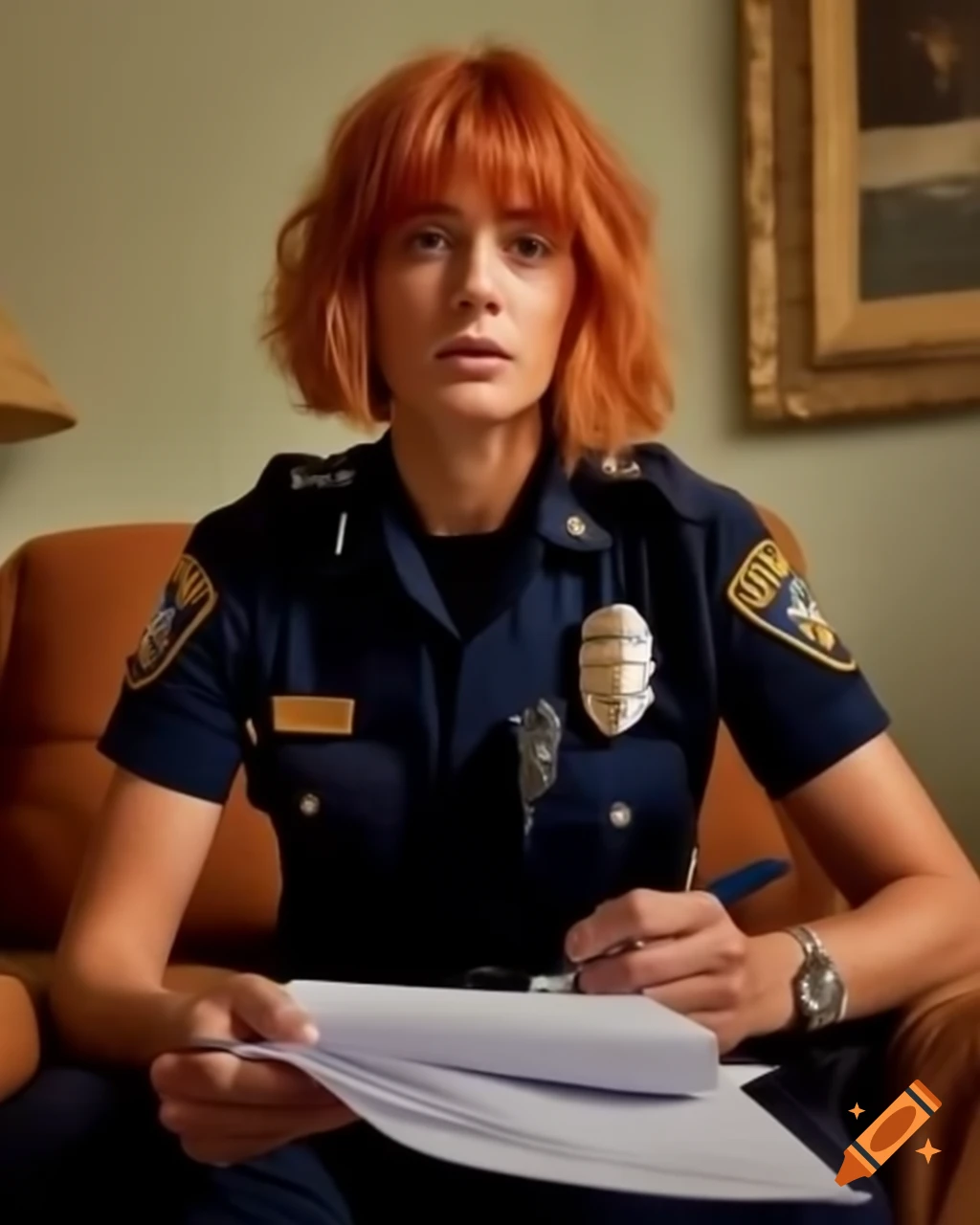 French female police officer taking notes at crime scene in dusty ...