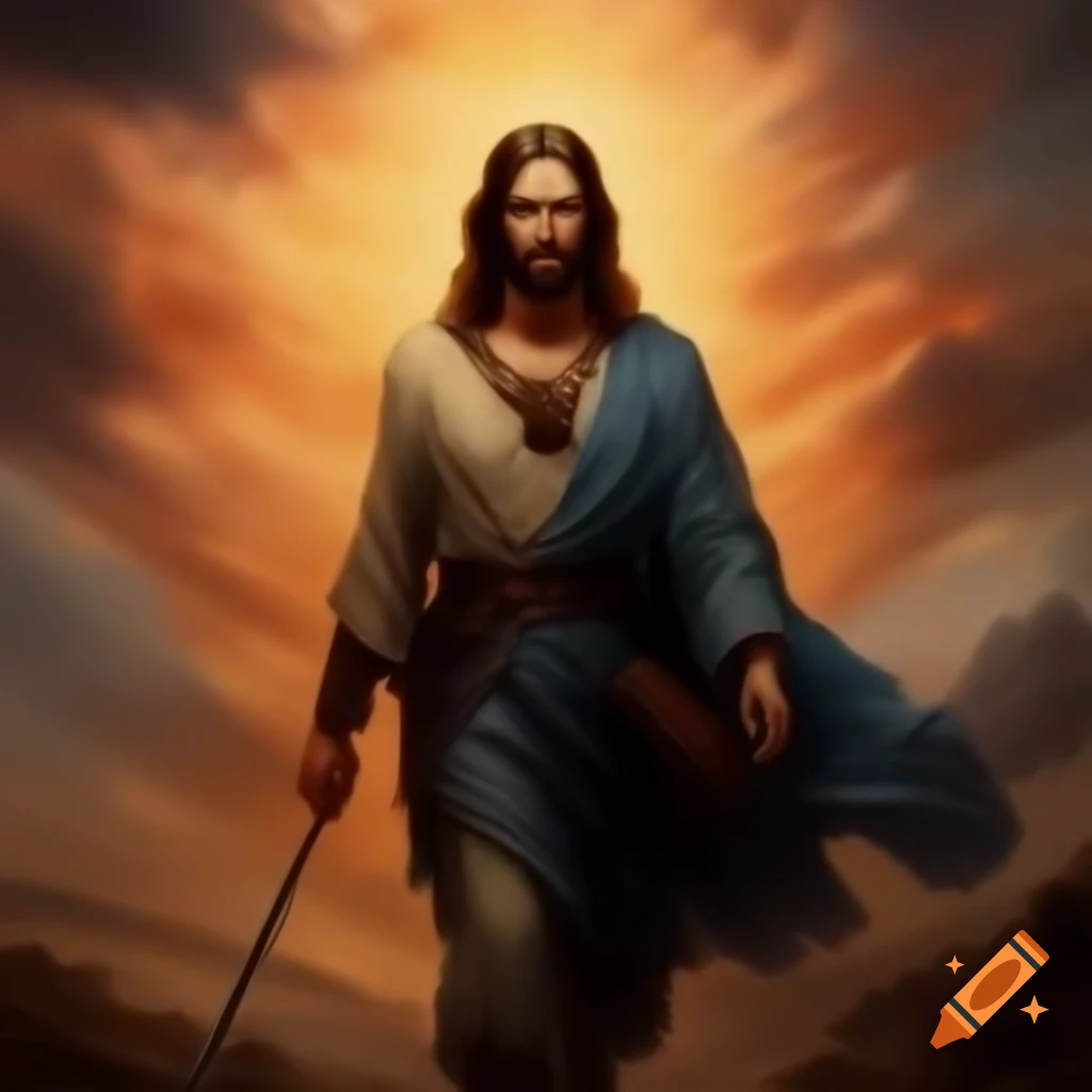 Oil painting of warrior Jesus walking on Craiyon