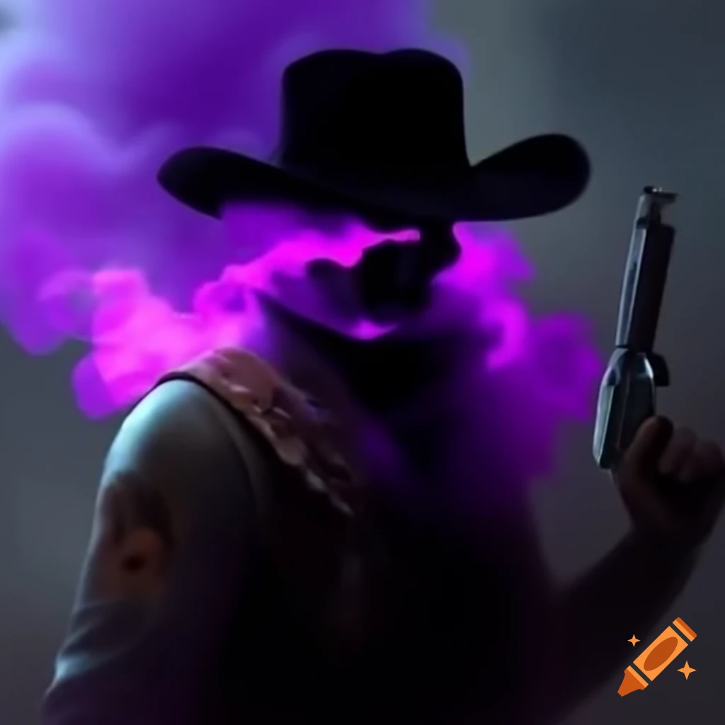 Cowboy with glowing purple mist and jet black skin holstering gun on ...