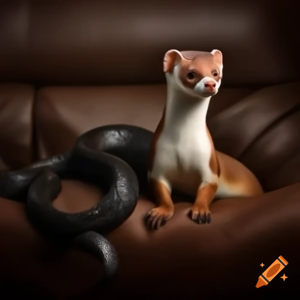 Elegant lady stoat and black snake on a couch on Craiyon