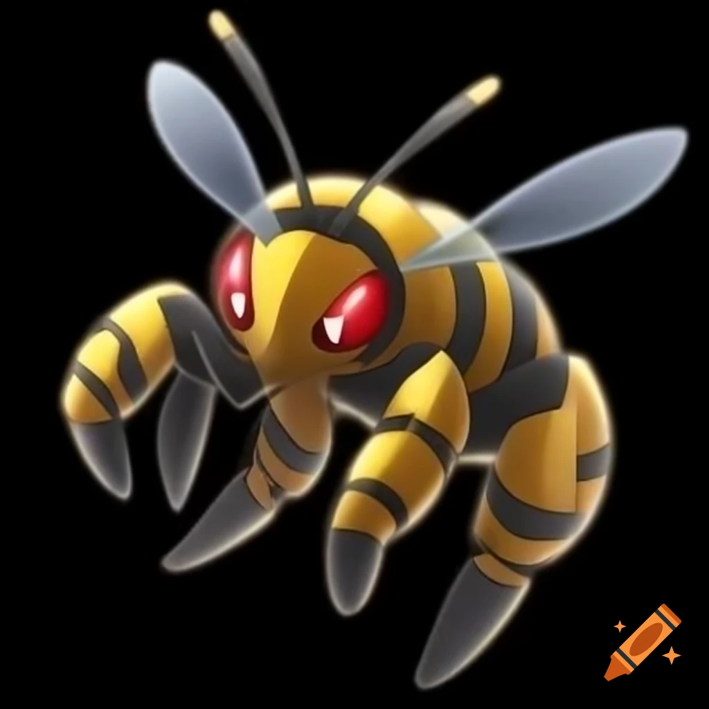 Turquoise bee pokémon with glowing red eyes and long drill arms on Craiyon