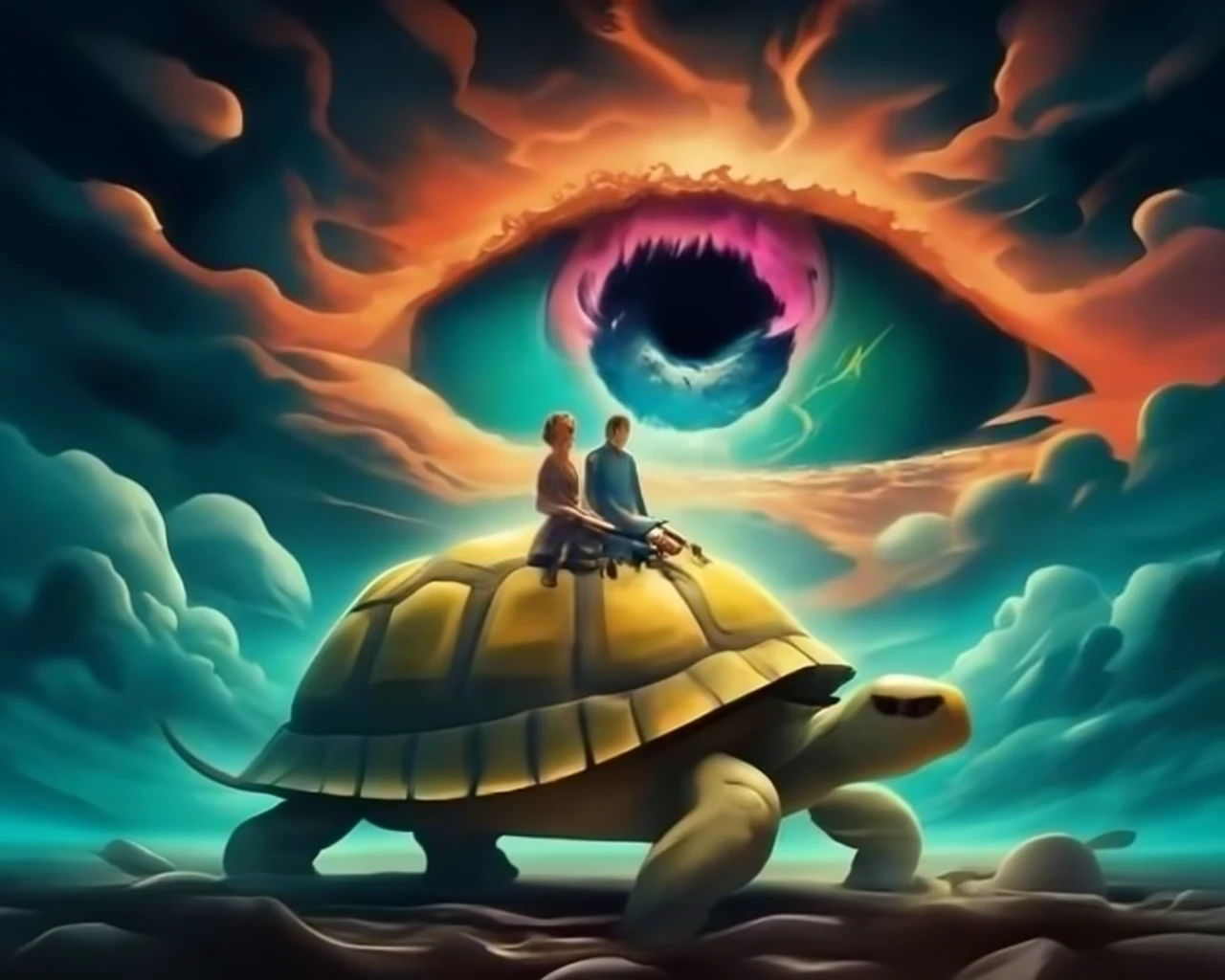 Surreal fantasy couple riding a giant turtle with eye-shaped clouds on ...