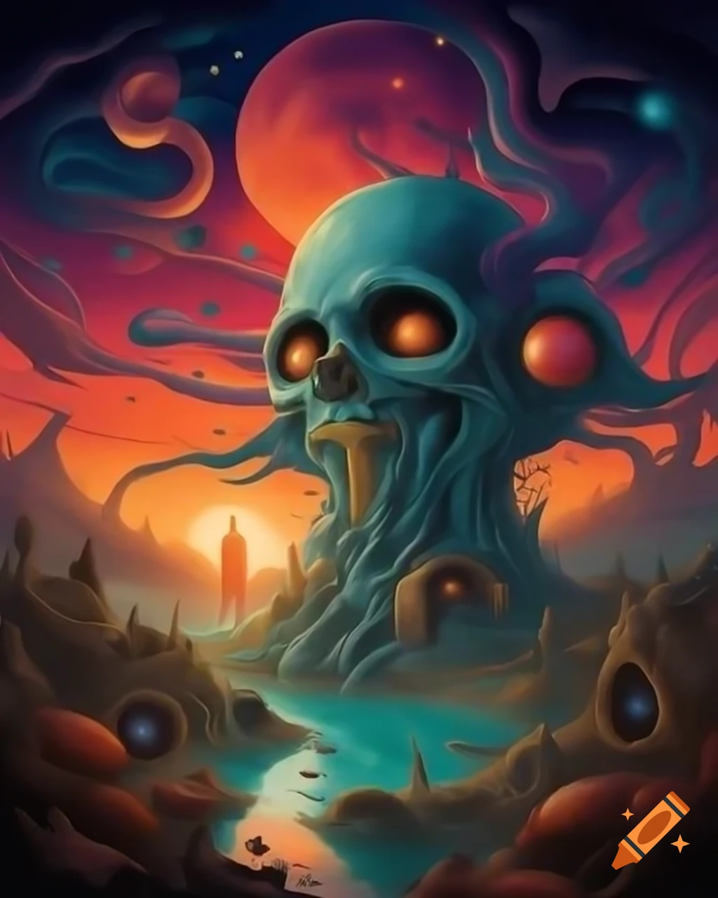 Surreal fantasy illustration in strange style by Greg Rutkowski on Craiyon