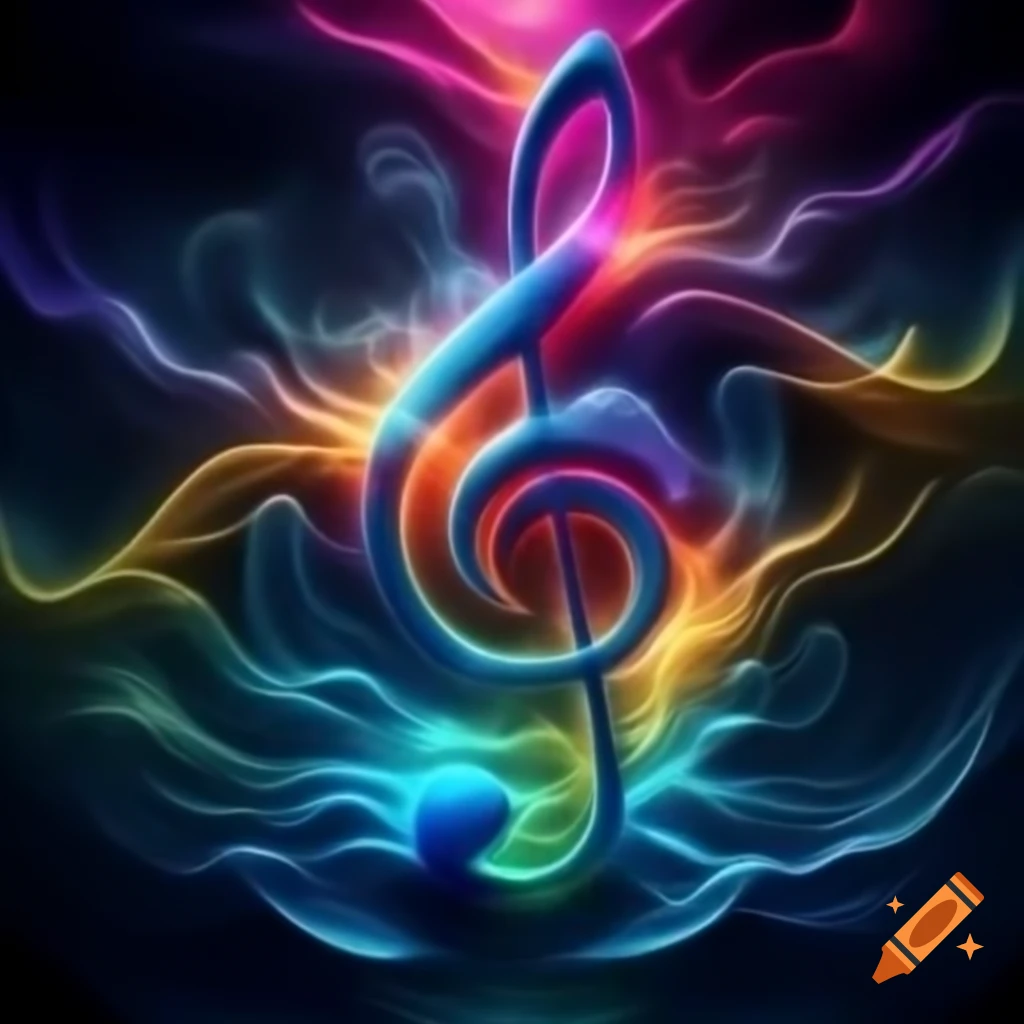 Psychedelic music notes in colorful sound waves on Craiyon