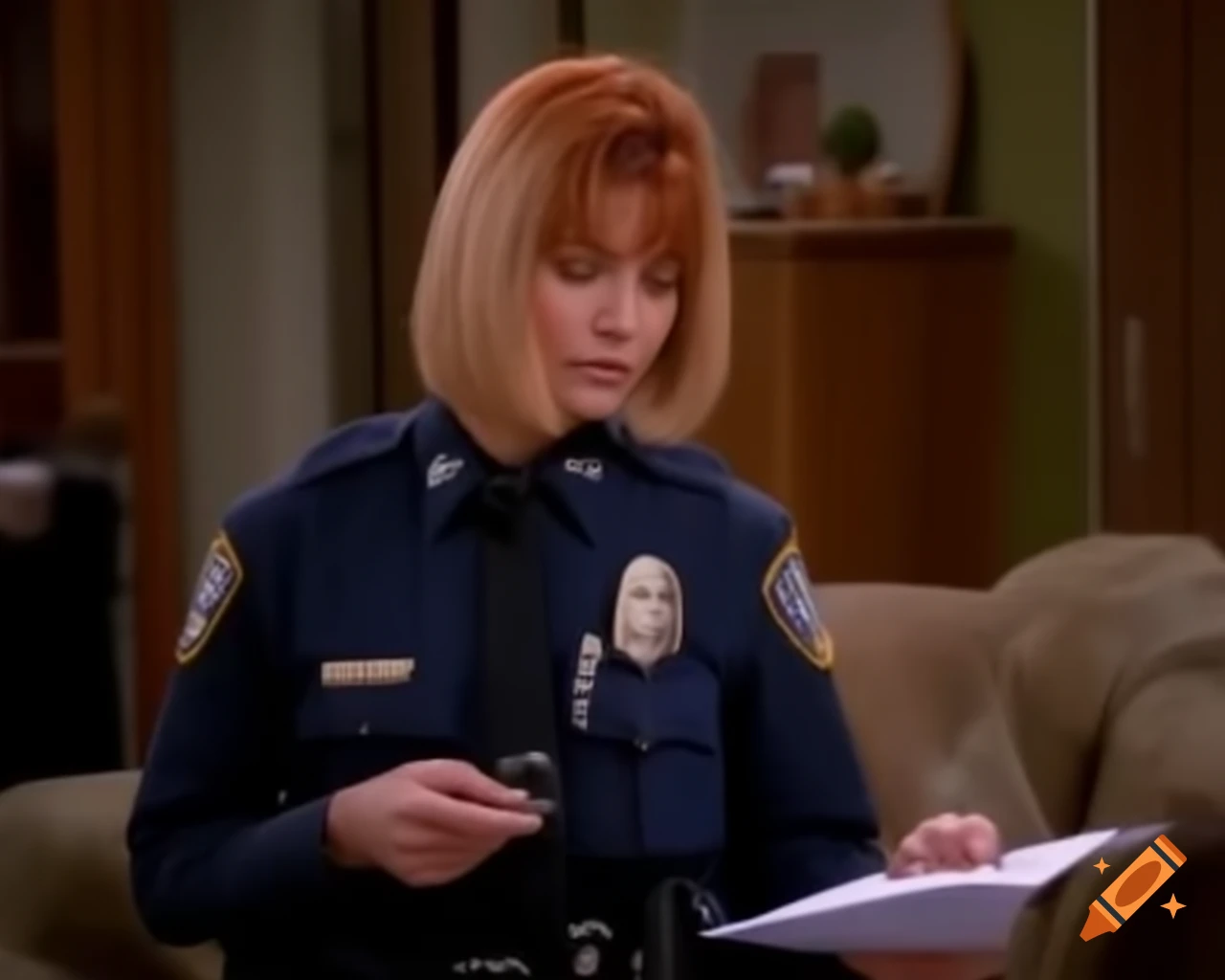 Bored french police officer taking notes at crime scene in dusty living ...