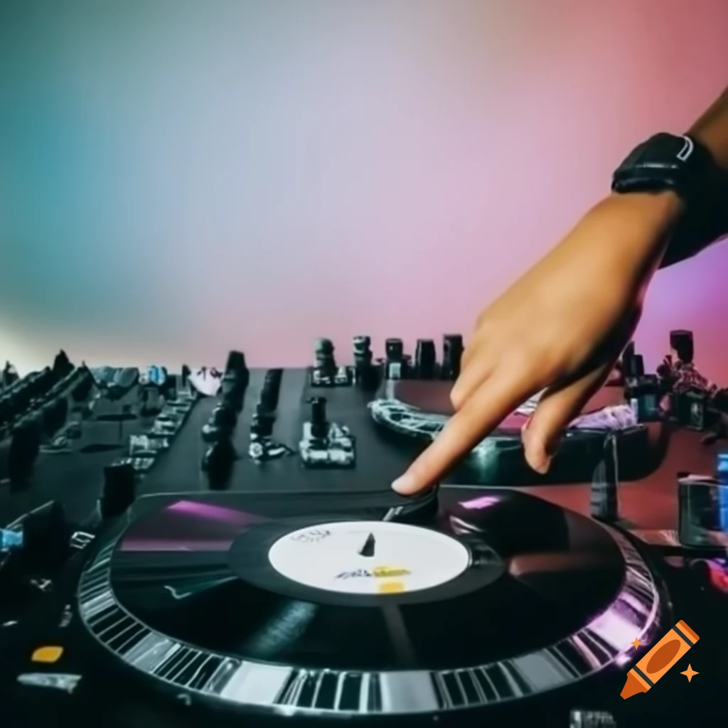 DJ hand on vinyl ready to drop track, t-shirt design on Craiyon