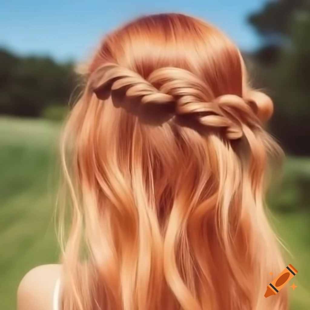 View of pale copper hair in a plait from behind outdoors on Craiyon