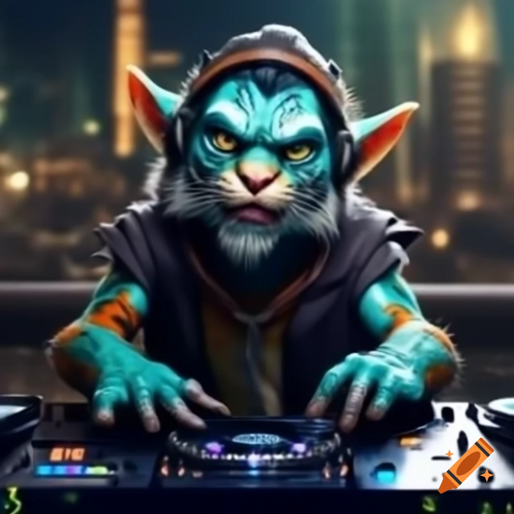 Cyan and orange tiger goblin DJ at a lively rooftop party on Craiyon