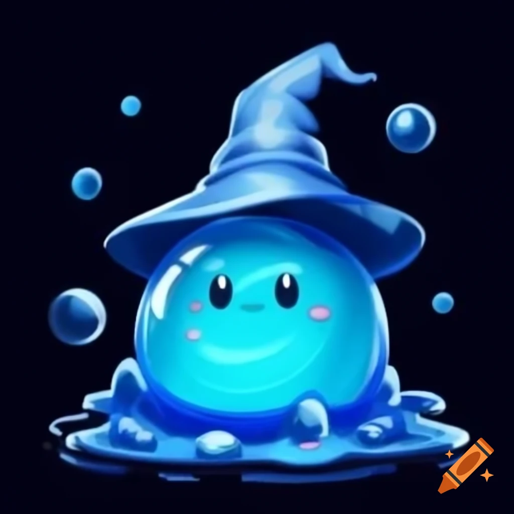 Blue slime orb wearing a wizard hat on Craiyon
