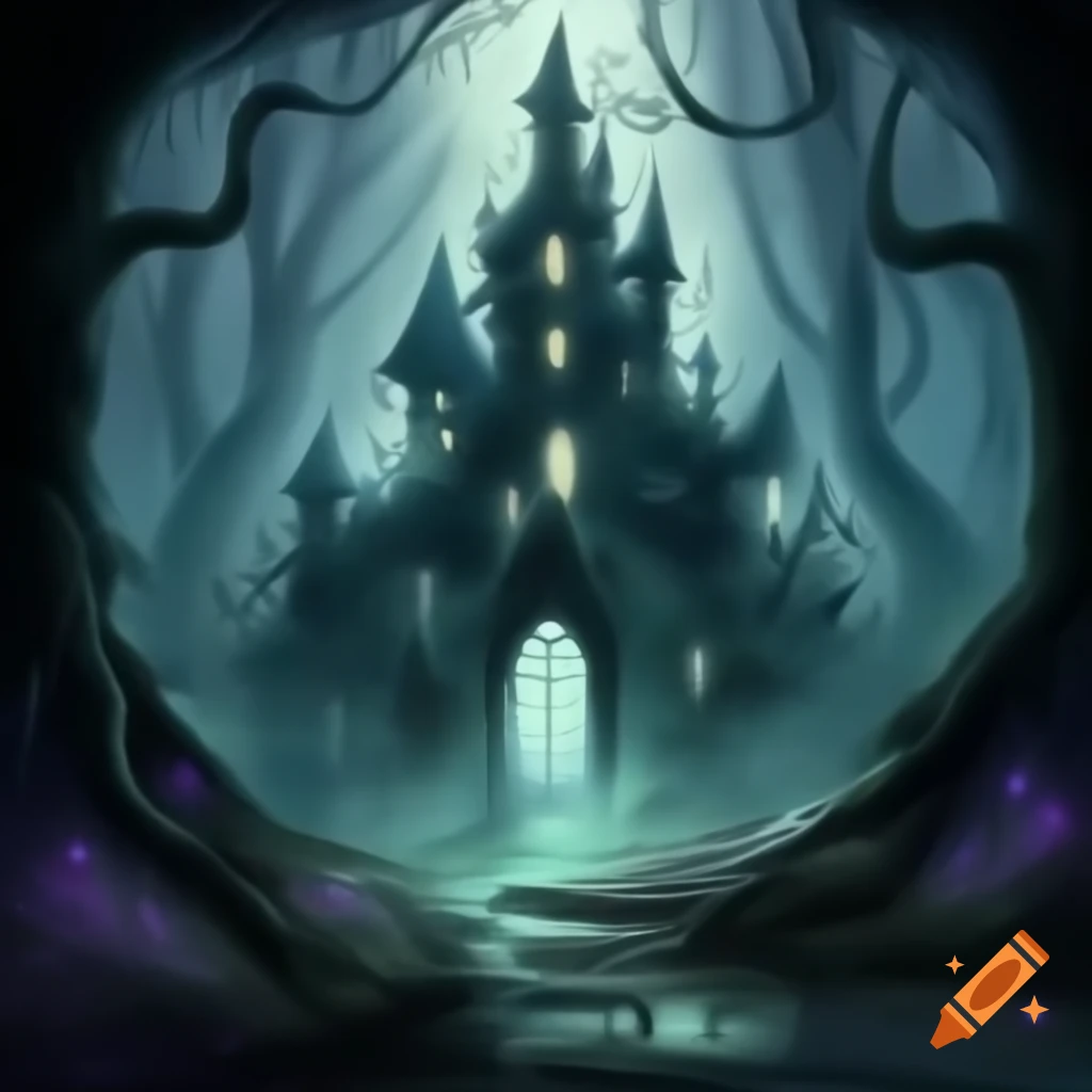 Gothic fairy tale scene with haunted castle in eerie enchanted forest ...