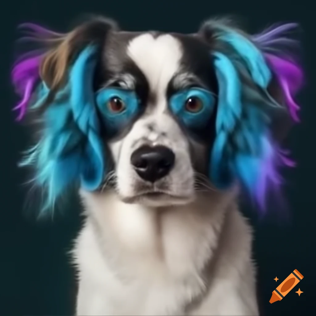 Dog with colorful furry patterns in blue, black, green, white, and purple on Craiyon