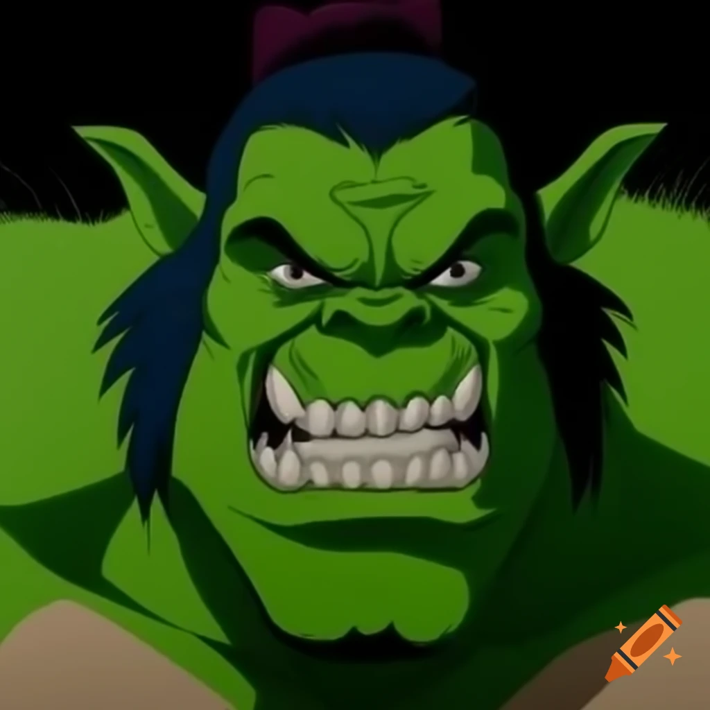80-90's anime OVA featuring Ron Perlman as green orc with fangs on Craiyon