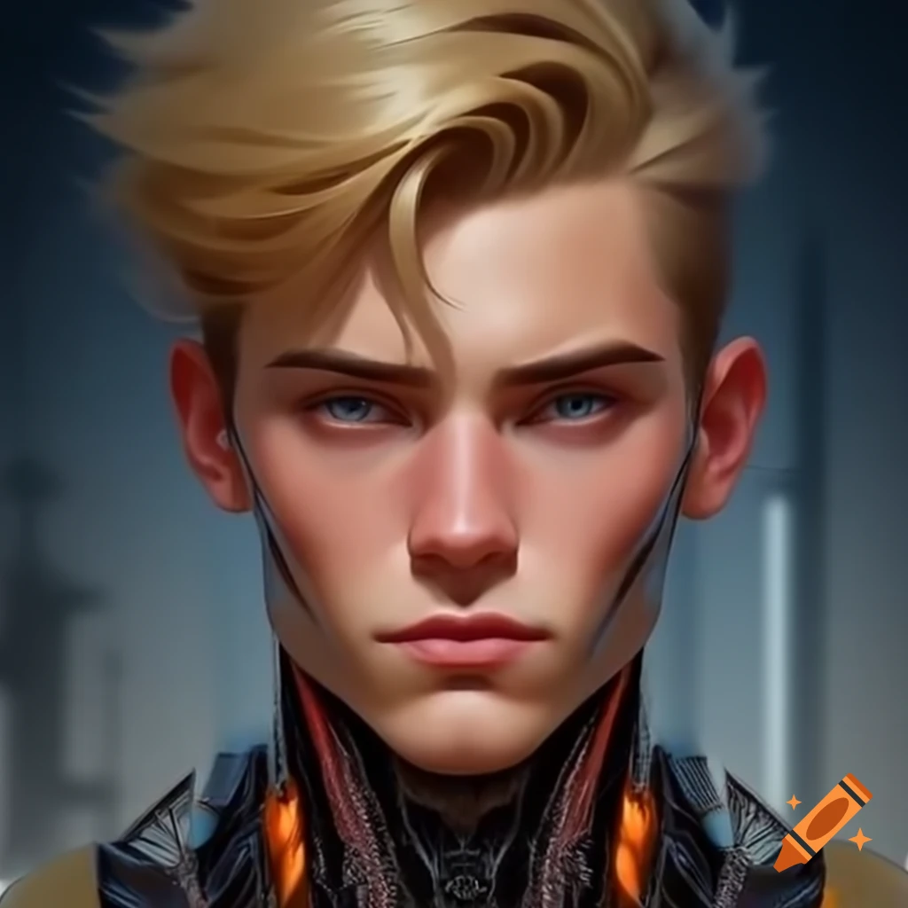 Headshot of young male cyborg with metallic skin and blond hair on Craiyon
