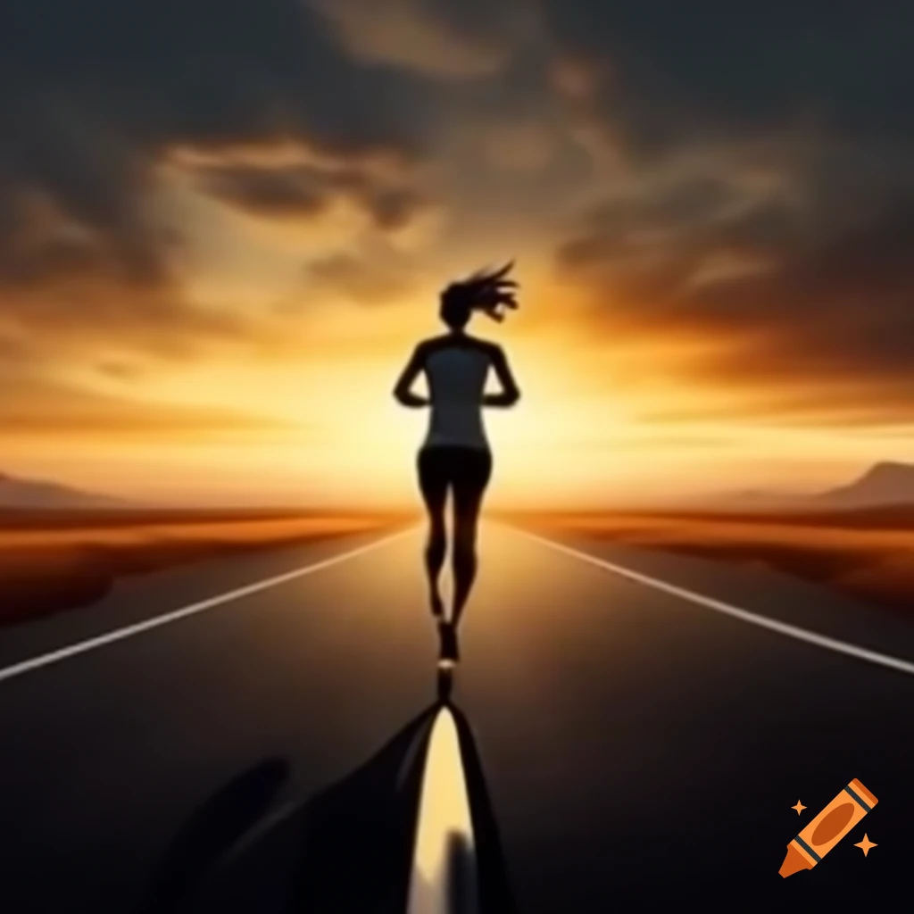 Lone runner on empty road at sunrise with golden and orange sky on Craiyon