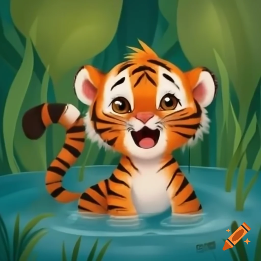 Baby tiger playing joyfully in pond on Craiyon