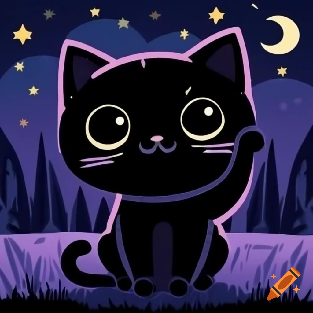 Cute illustration of a black cat at night on Craiyon