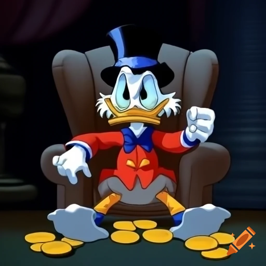 Scrooge mcduck in red coat and top hat sitting in velvet armchair ...