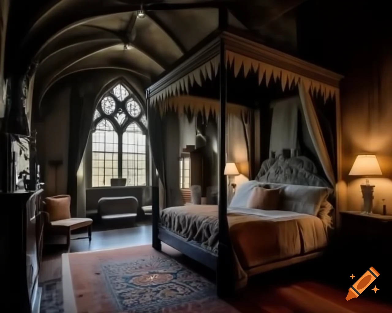 Gothic-style canopy bed with intricate designs on Craiyon