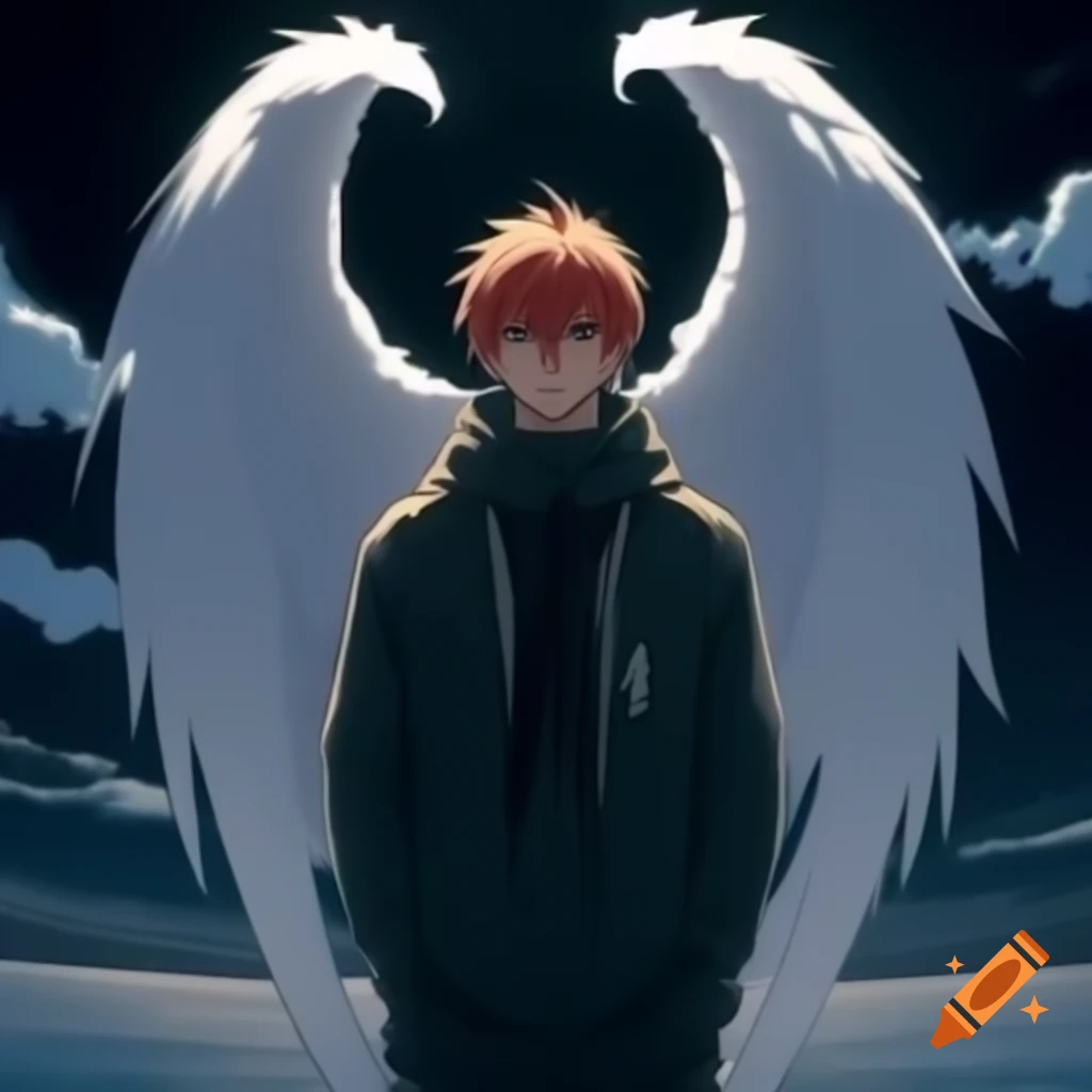 Male angel anime character standing sideways on Craiyon