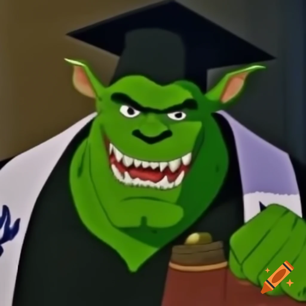 Smirking green orc professor in university mantle and cap holding ...