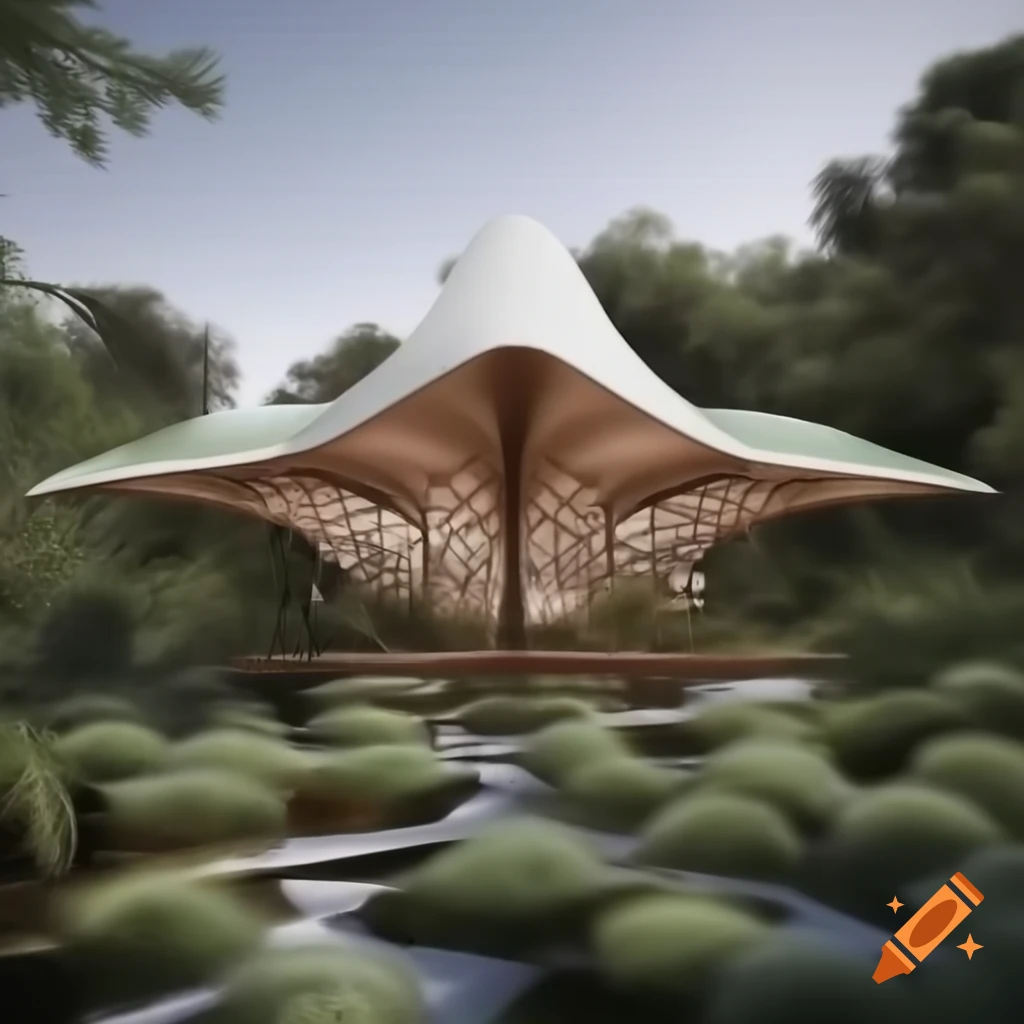 Flower-inspired beach pavilion integrated into natural landscape on Craiyon