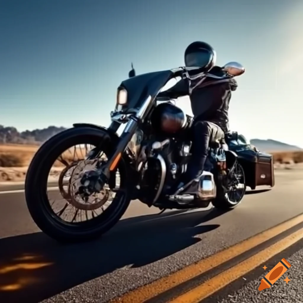 Biker riding harley davidson on desert road on Craiyon