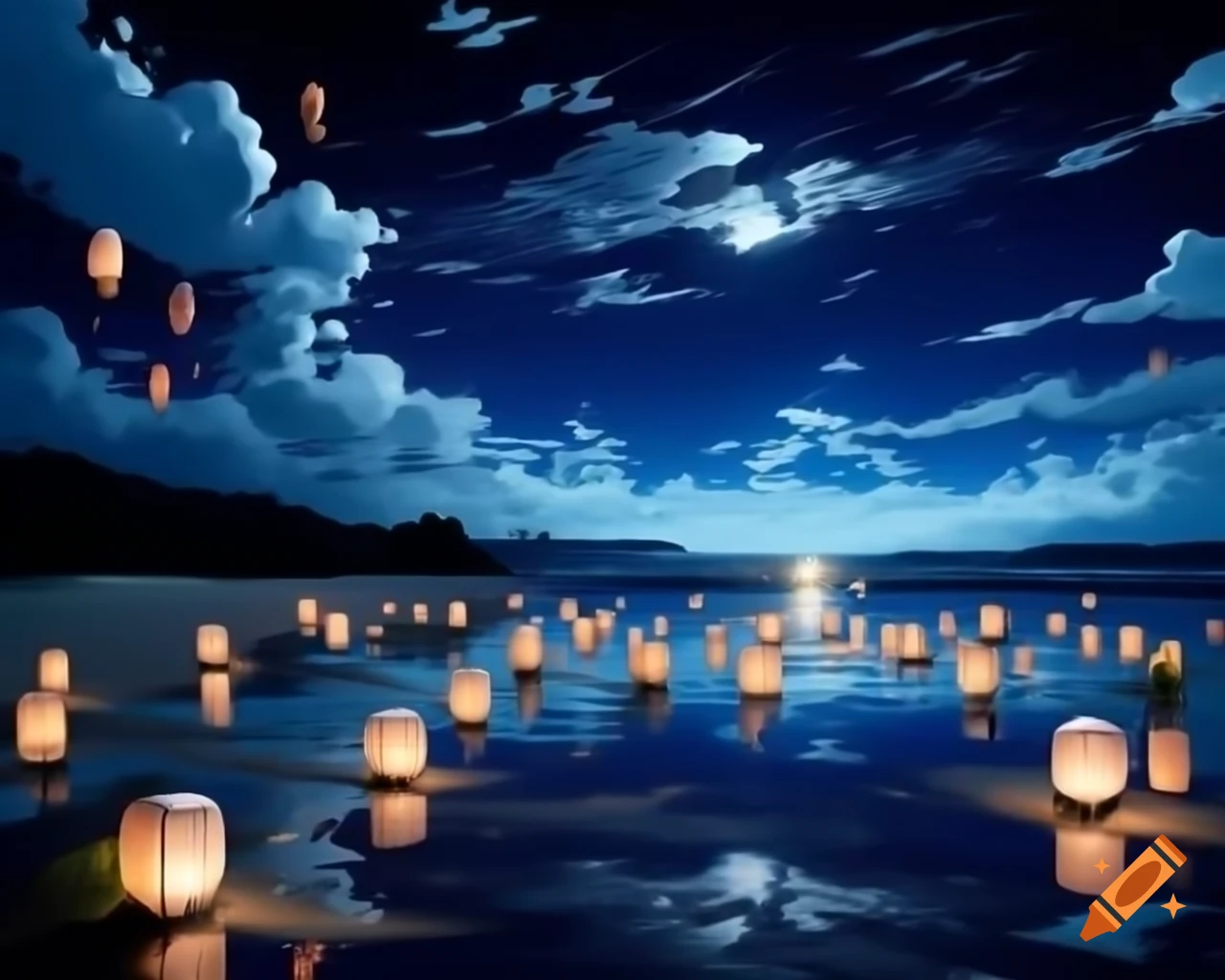Night sky on beach with japanese floating lanterns and reflections in the sea on Craiyon