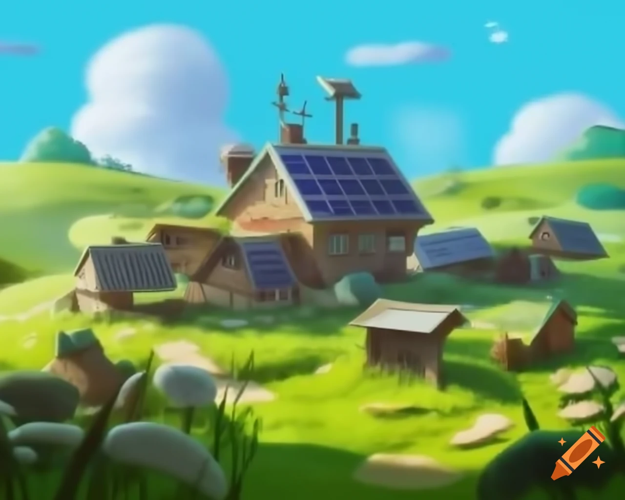 Small solarpunk village in a lush meadow on Craiyon