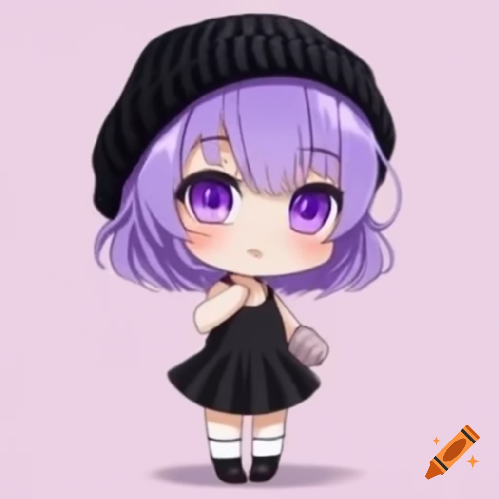 Anime chibi character with lavender hair and purple eyes, wearing a ...