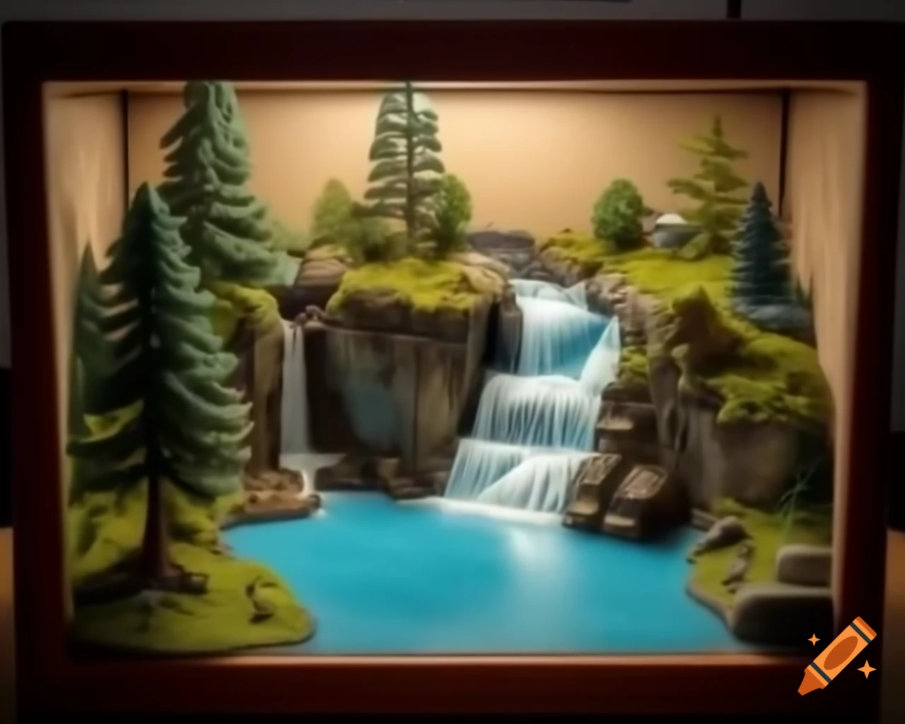 Miniature diorama featuring waterfall and lake inside a box on Craiyon