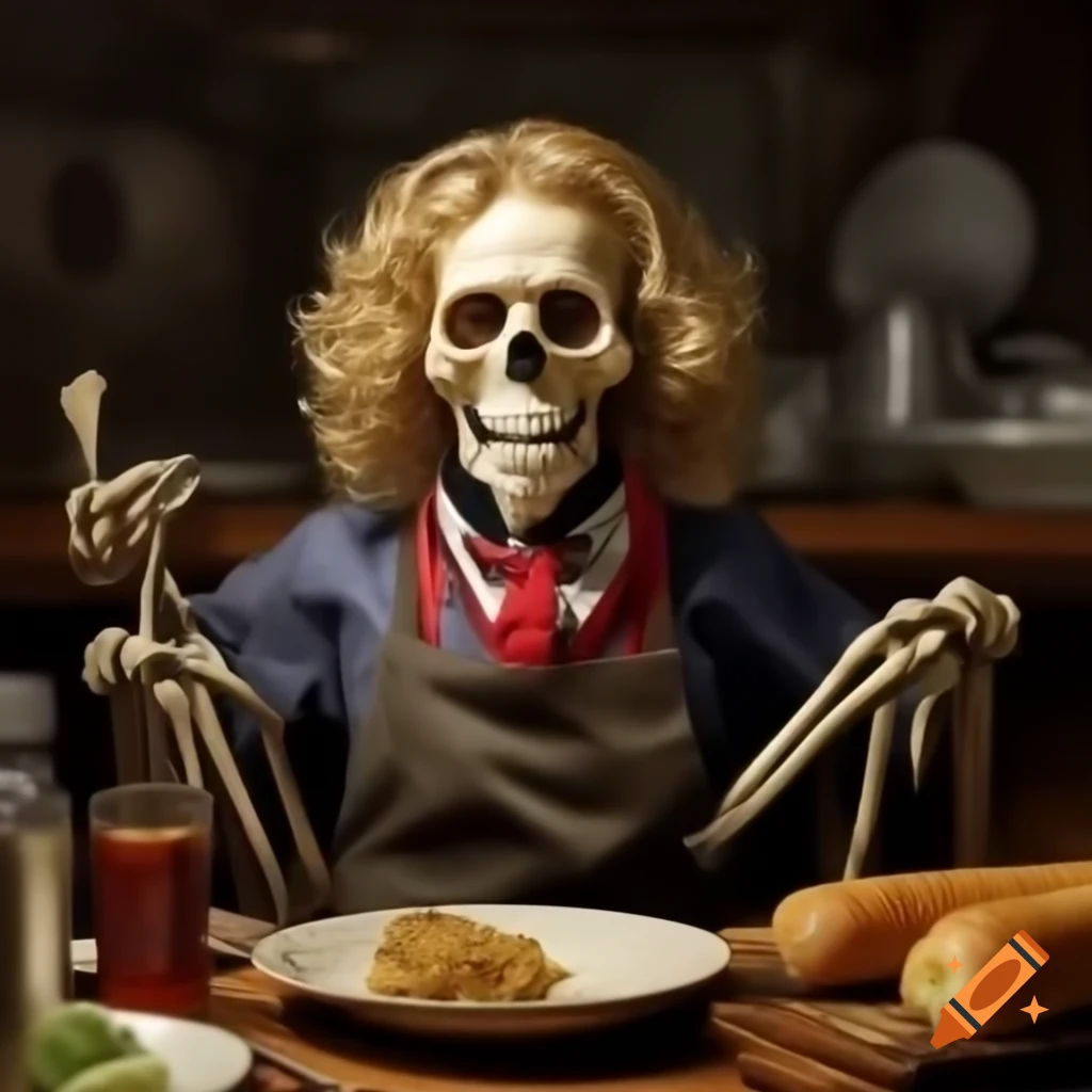 Vintage human skeleton chef adorned with food and crossed cooking ...