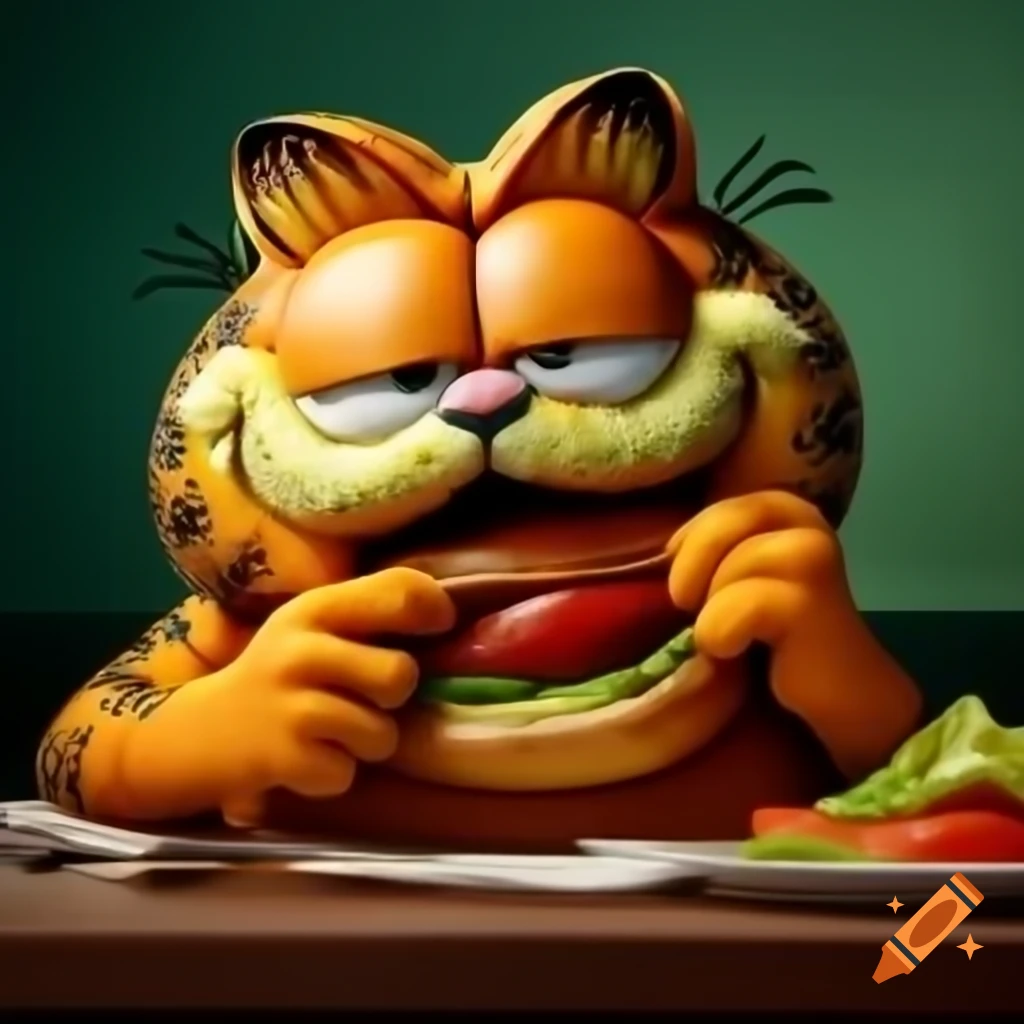 Garfield caricature enjoying a burger in a realistic style on Craiyon