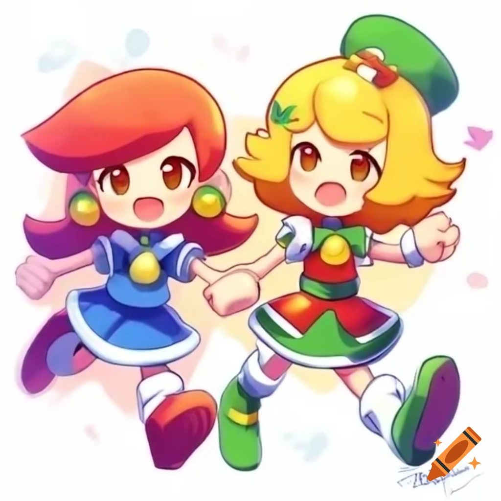 Arle Nadja and Amitie from Puyo Puyo in Spanish cartoon style on Craiyon