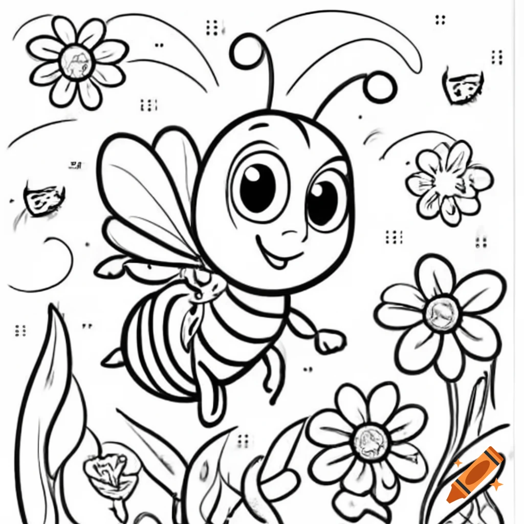 Happy bee flying between flowers, children's coloring book illustration ...