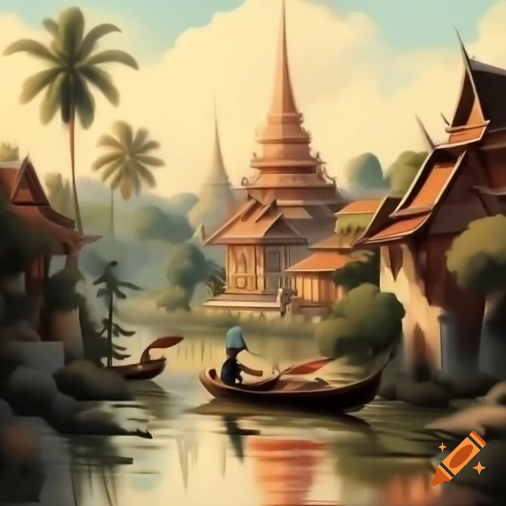 Classic painting of a Thai village with canoes on Craiyon