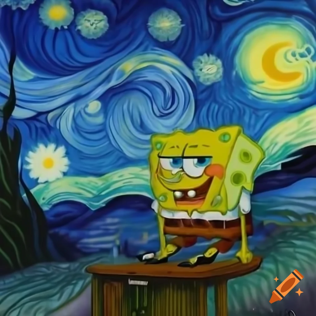 SpongeBob SquarePants integrated into Van Gogh's Starry Night on Craiyon
