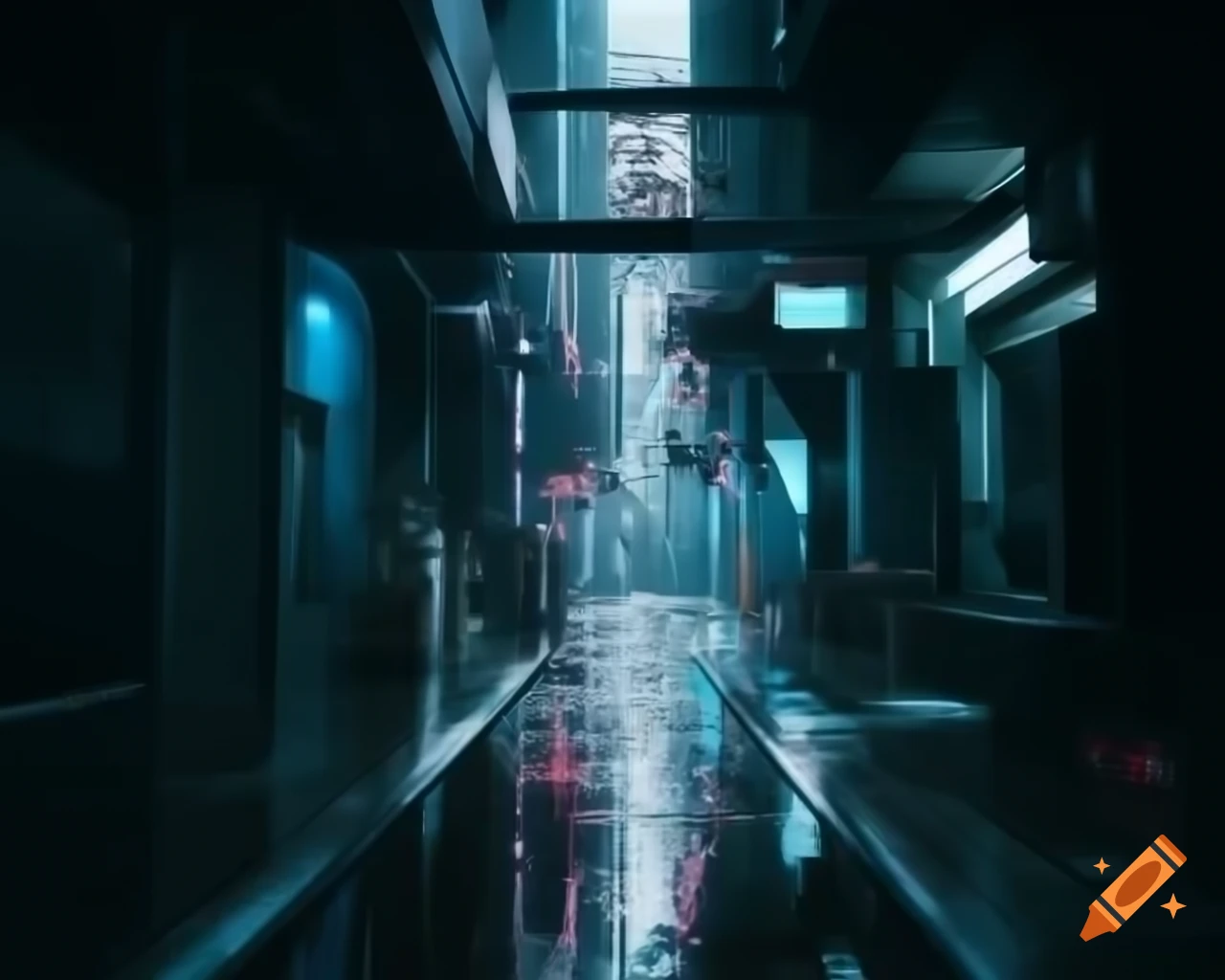 Cyberpunk alleyway with neon lights reflecting off wet surfaces on Craiyon