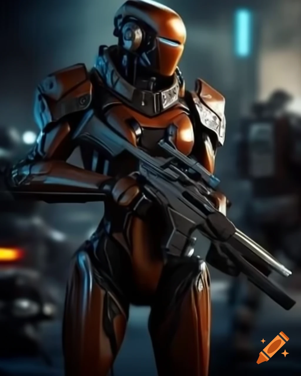 Cyborg warrior in armor with laser rifle in futuristic battlefield on ...