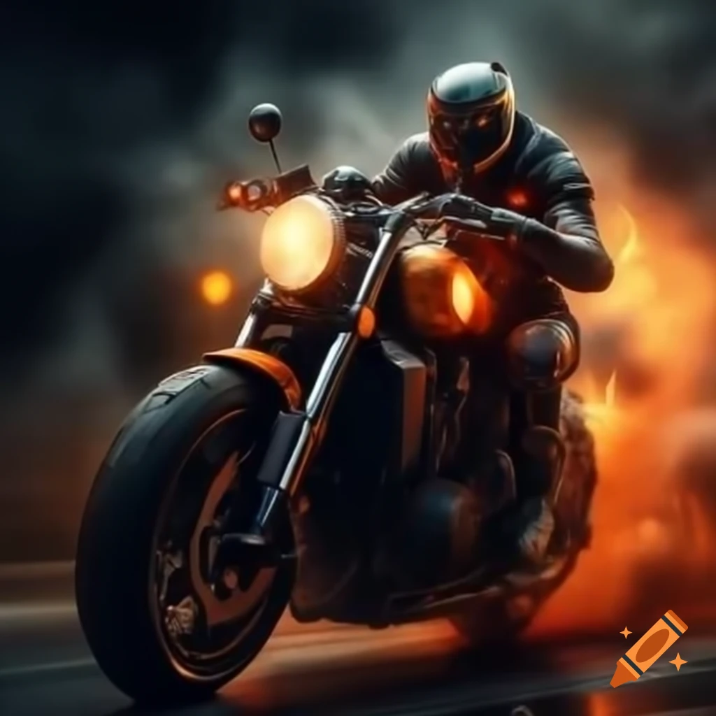 Aggressive demonic sport motorcycle on highway with smoke and fire on ...