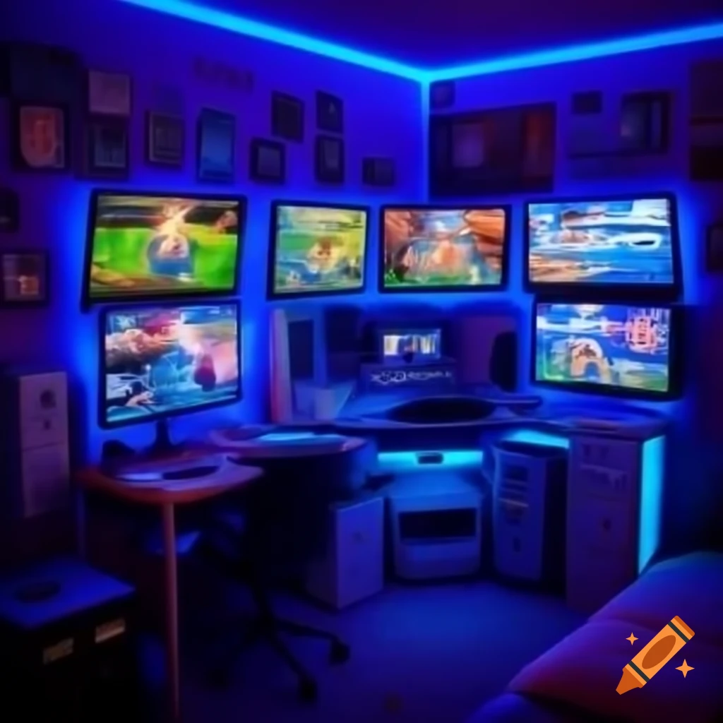 Game room featuring multiple tvs and desk with blue and purple decor on ...
