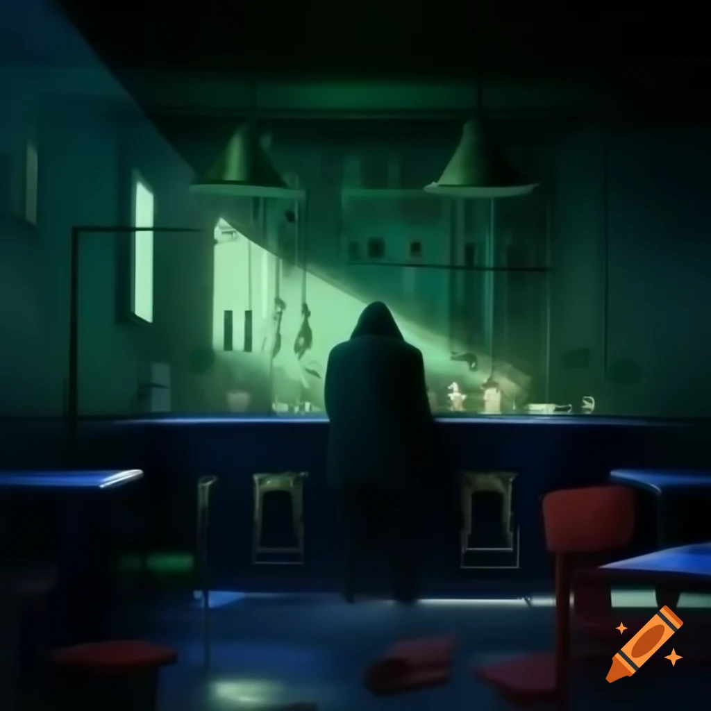 Moody atmospheric bar scene with lone figure at counter in dim light on ...