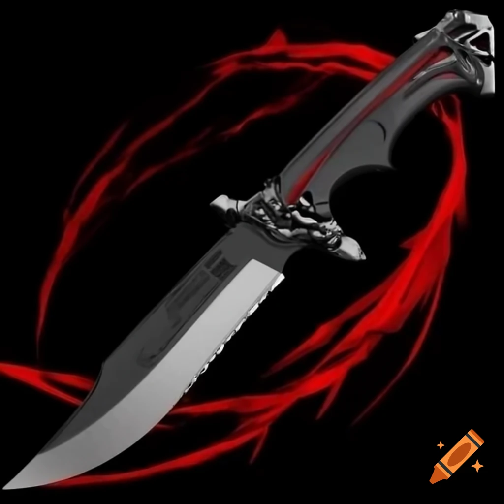Fantasy styled folding knife with serrated edge and black handle with red highlights on Craiyon