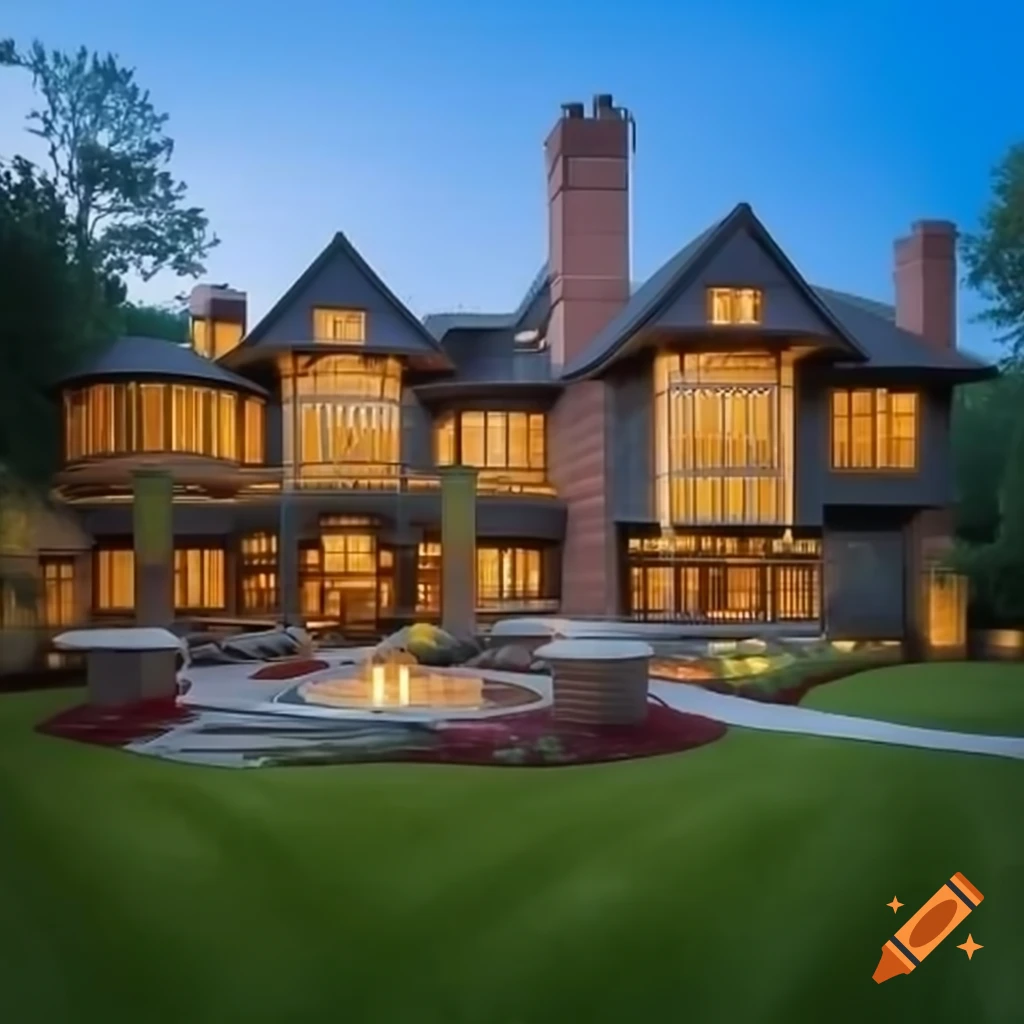 Elegant front yard designs of a giant mansion on Craiyon