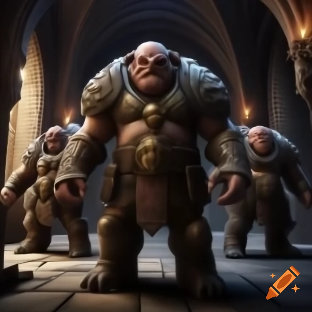 Four large ogres in battle gear wielding clubs in spacious castle room ...