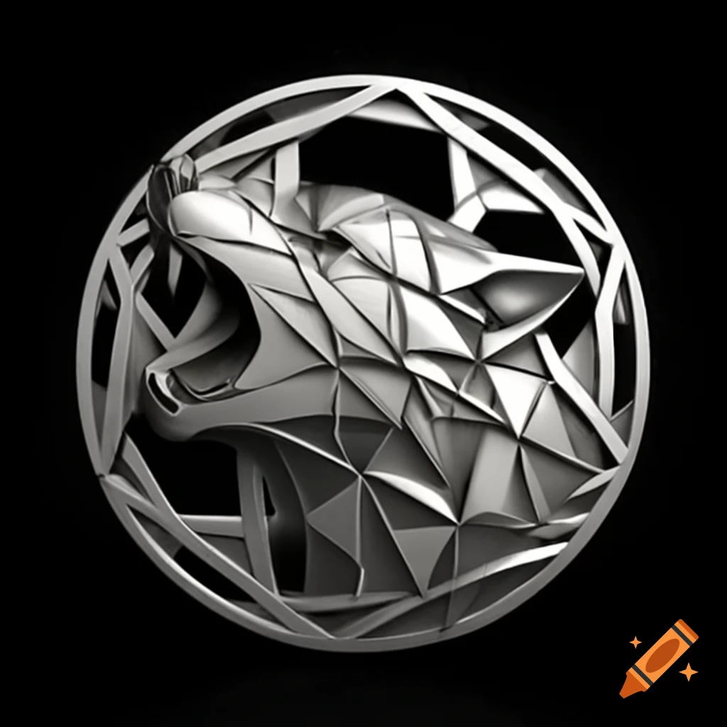 Silver geometric wolf howling medallion on Craiyon