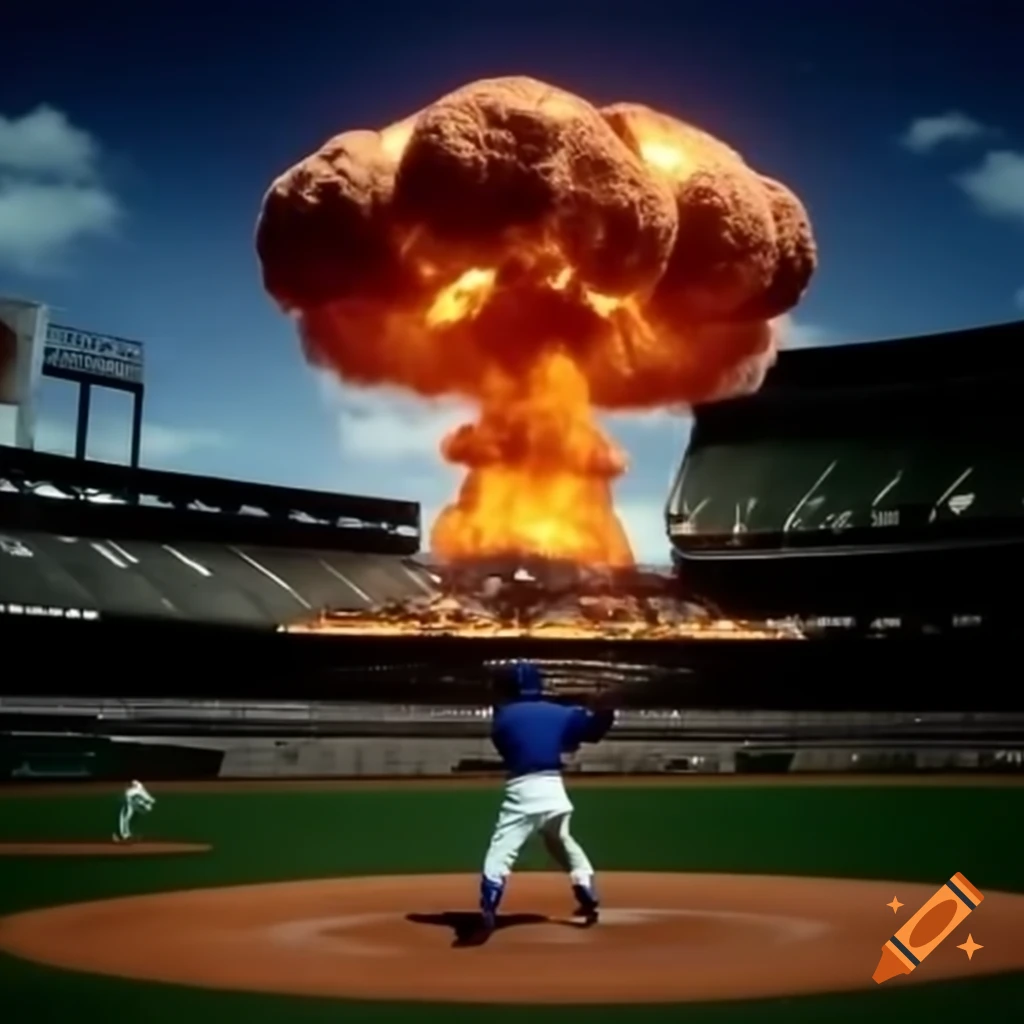 Baseball player hitting a baseball with explosion in the stands on Craiyon