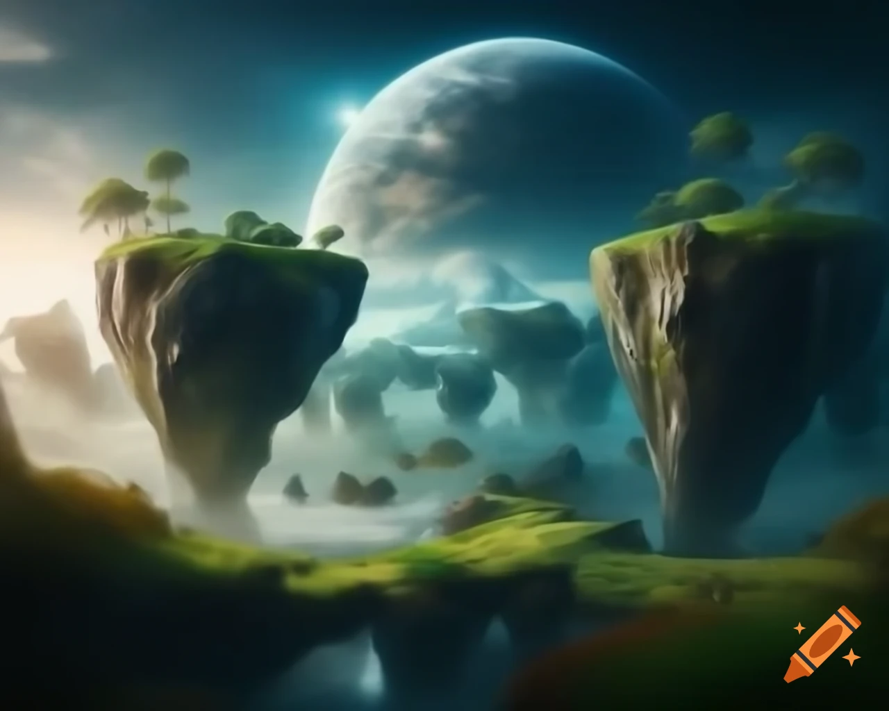 Fantasy landscape with flying rock islands connected by plants and ...